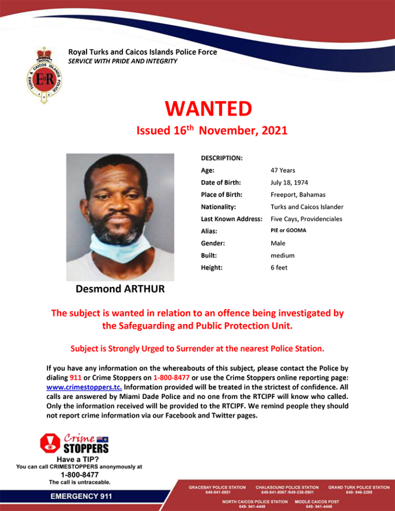 WANTED BULLETIN – Desmond ARTHUR - Royal Turks and Caicos Island Police