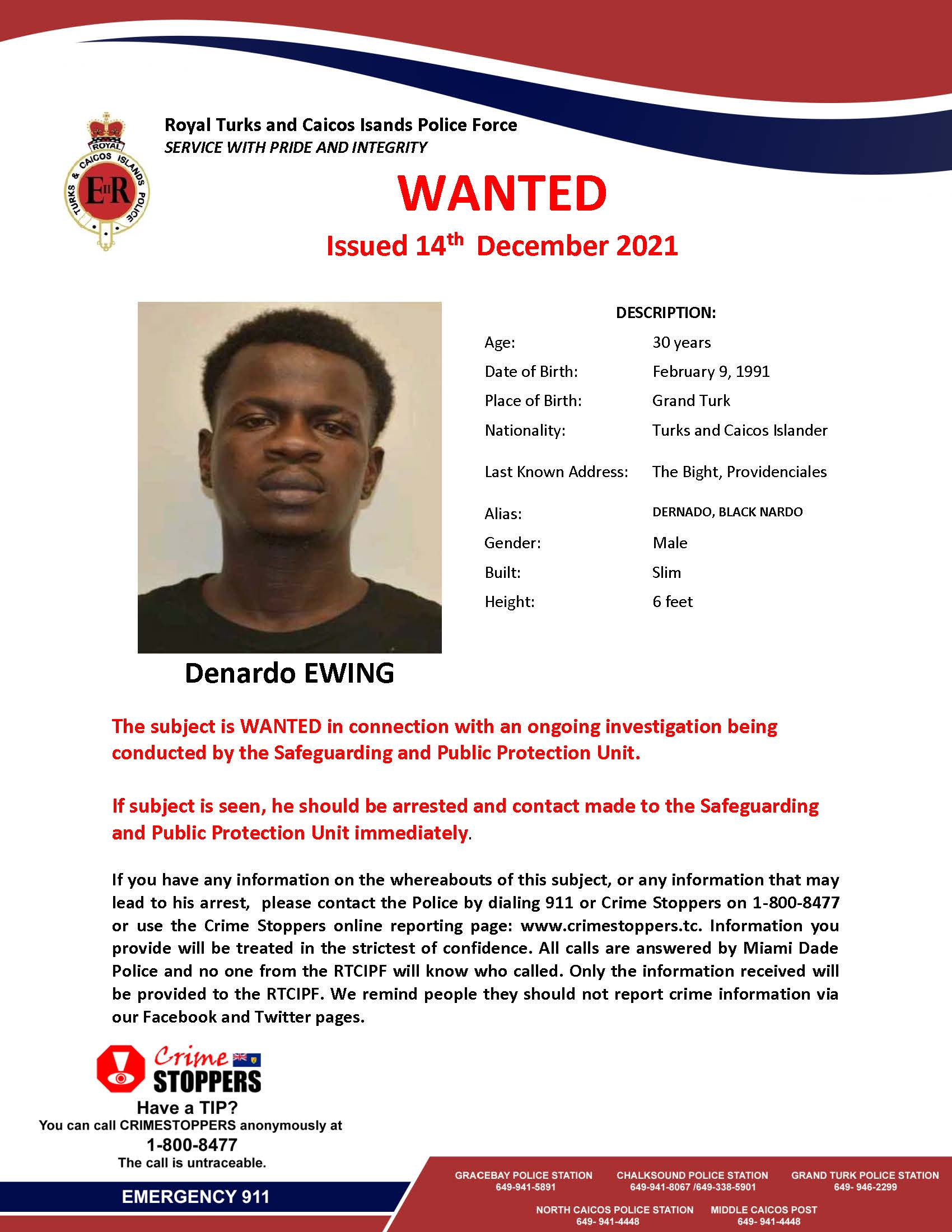 WANTED BULLETIN-Denardo EWING - Royal Turks and Caicos Island Police