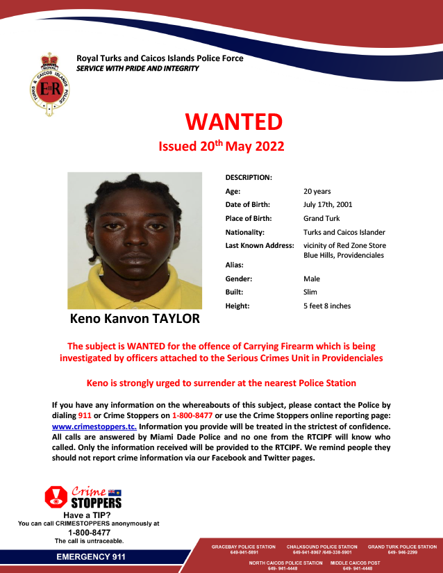 WANTED BULLETIN – Keno Kanvon TAYLOR - Royal Turks and Caicos Island Police