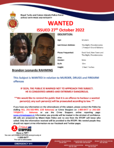 WANTED BULLETIN – Brandon RAHMING - Royal Turks and Caicos Island Police