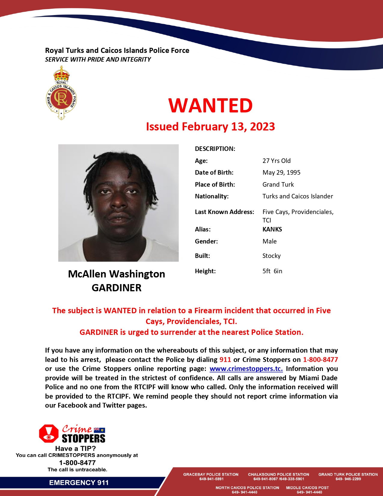 WANTED POSTER – McAllen GARDINER - Royal Turks and Caicos Island Police