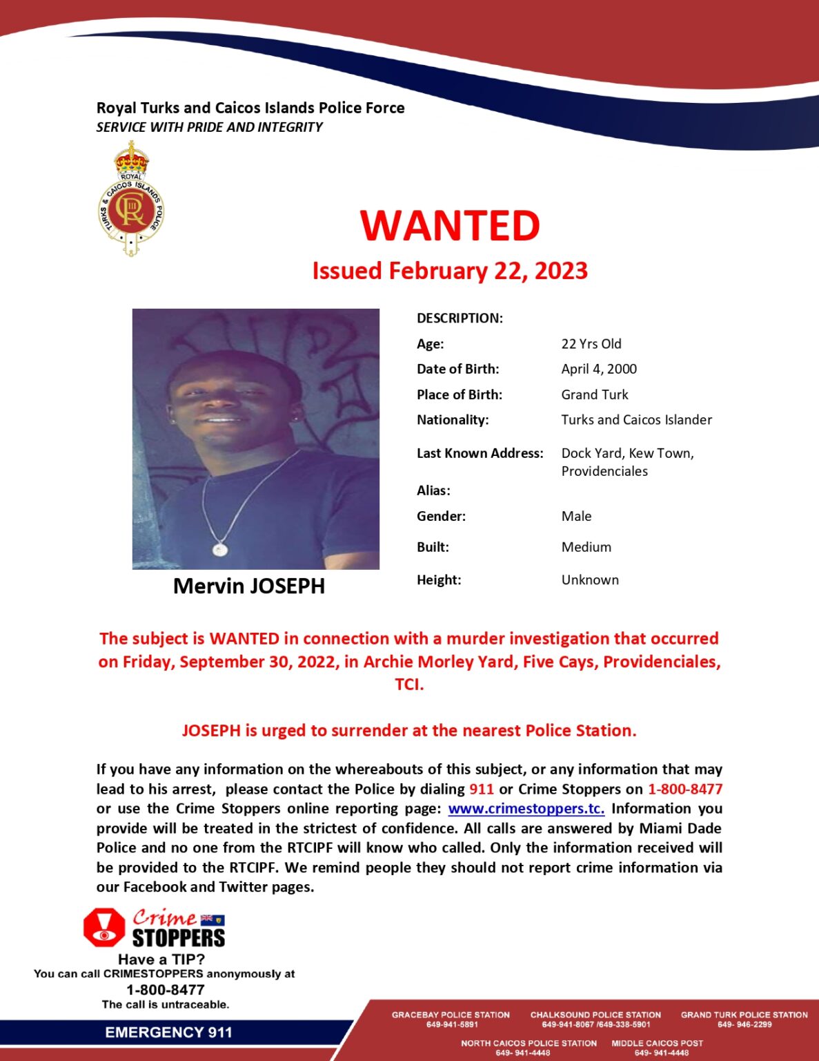 WANTED POSTER – Mervin JOSEPH - Royal Turks and Caicos Island Police
