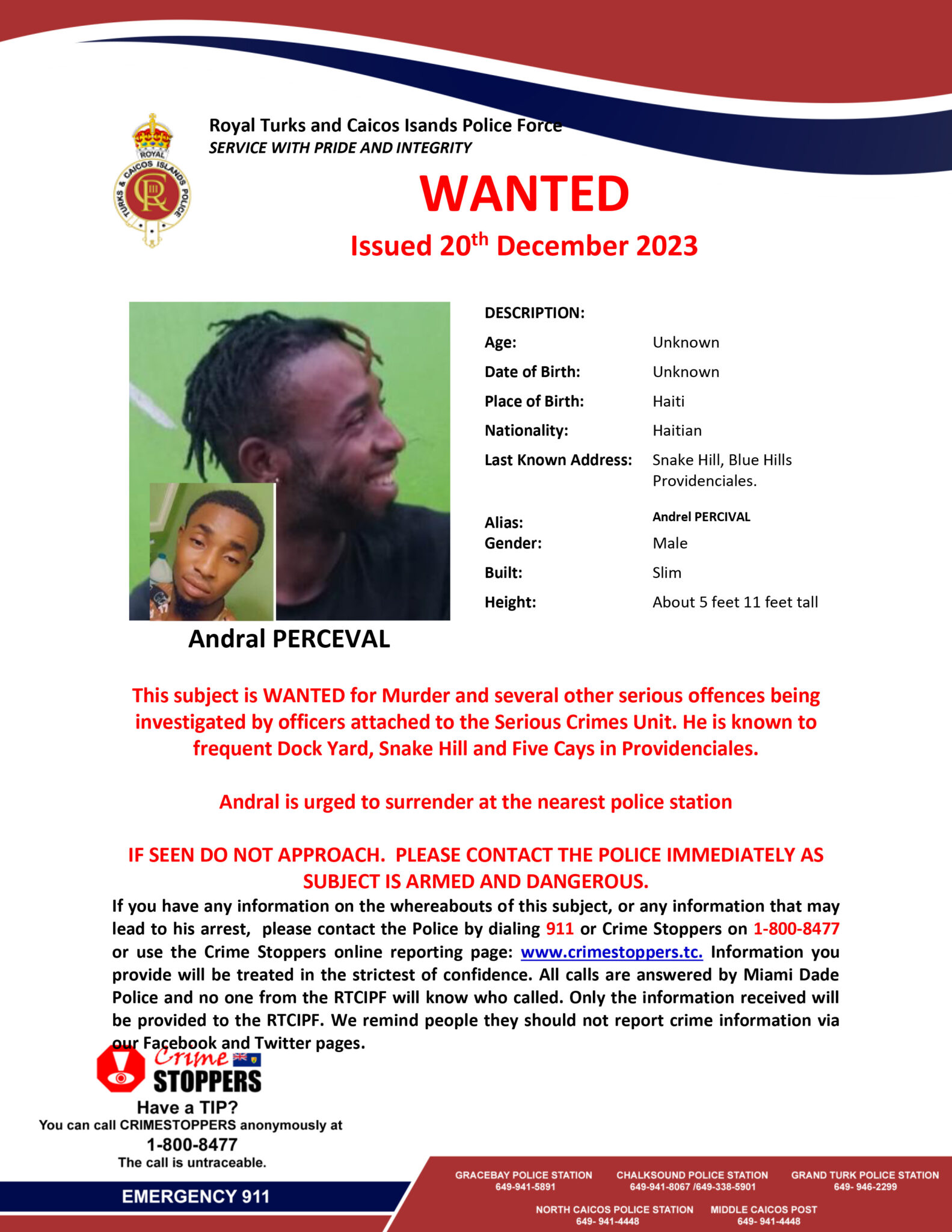 WANTED BULLETIN – ANDRAL - Royal Turks and Caicos Island Police