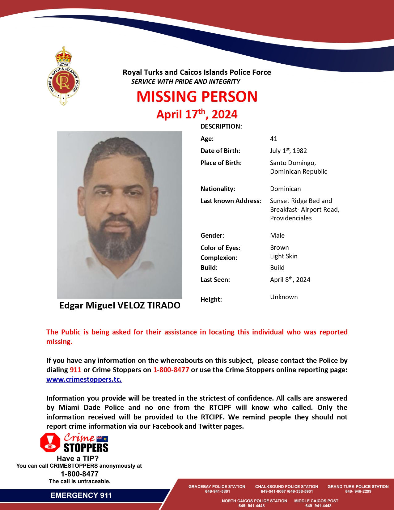 MISSING PERSON – Edgar Miguel VELOZ TIRADO - Royal Turks and Caicos ...