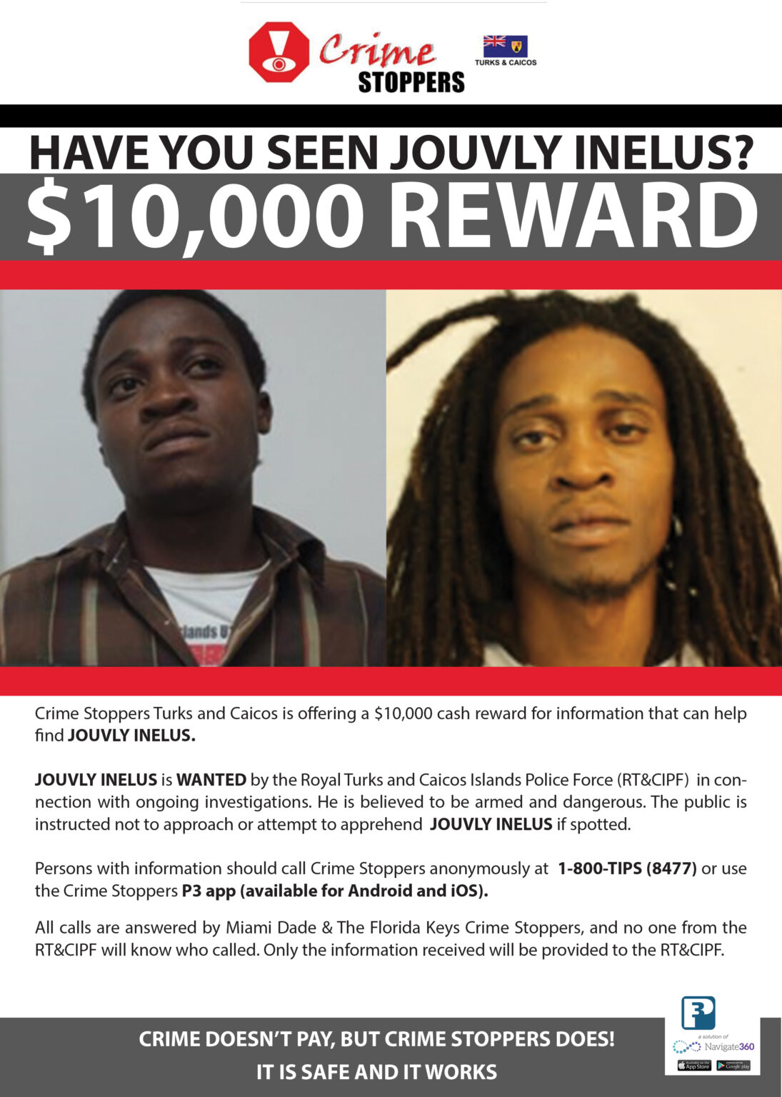 Wanted – Jouvly Inelus – $10,000 Reward - Royal Turks and Caicos Island ...