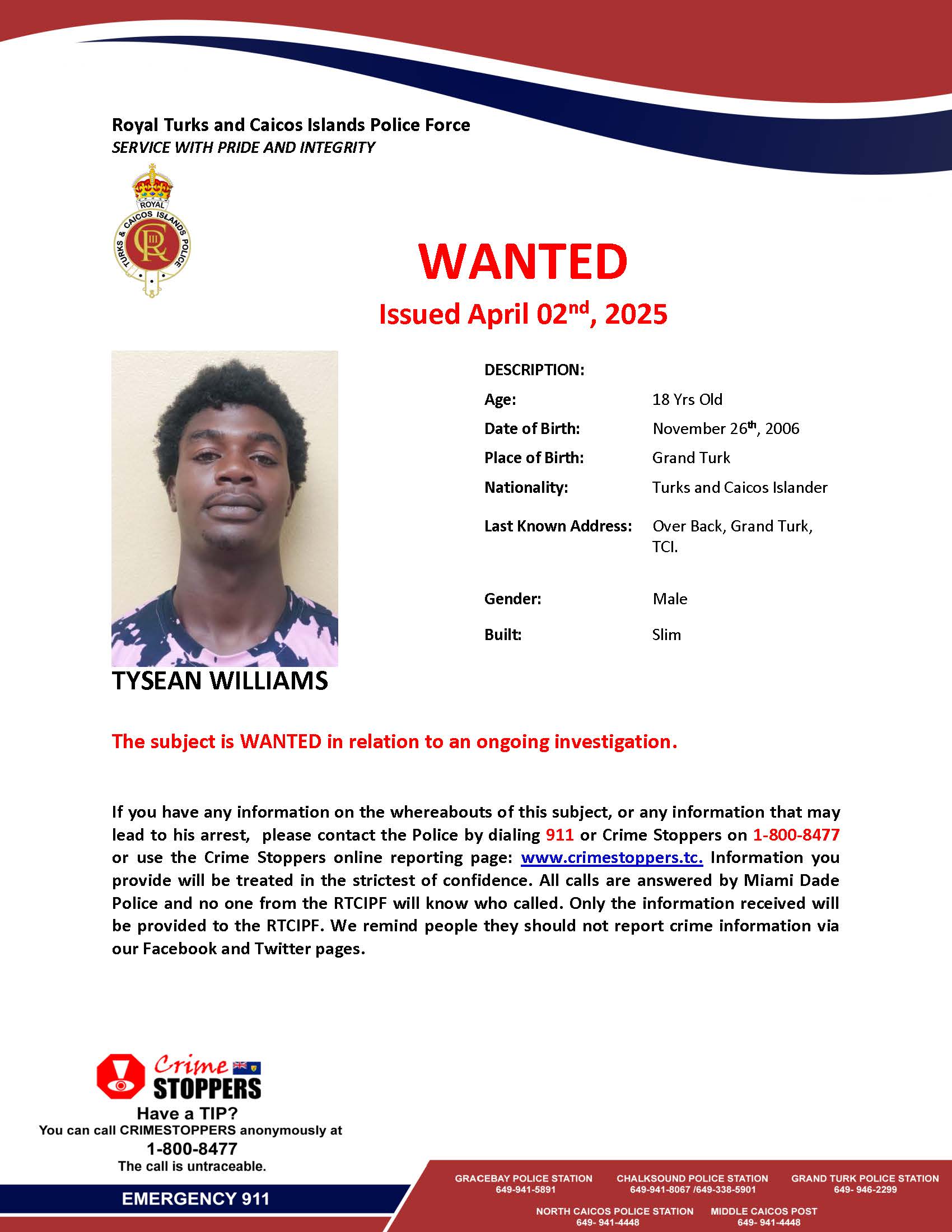 WANTED – Tysean Williams - Royal Turks and Caicos Island Police